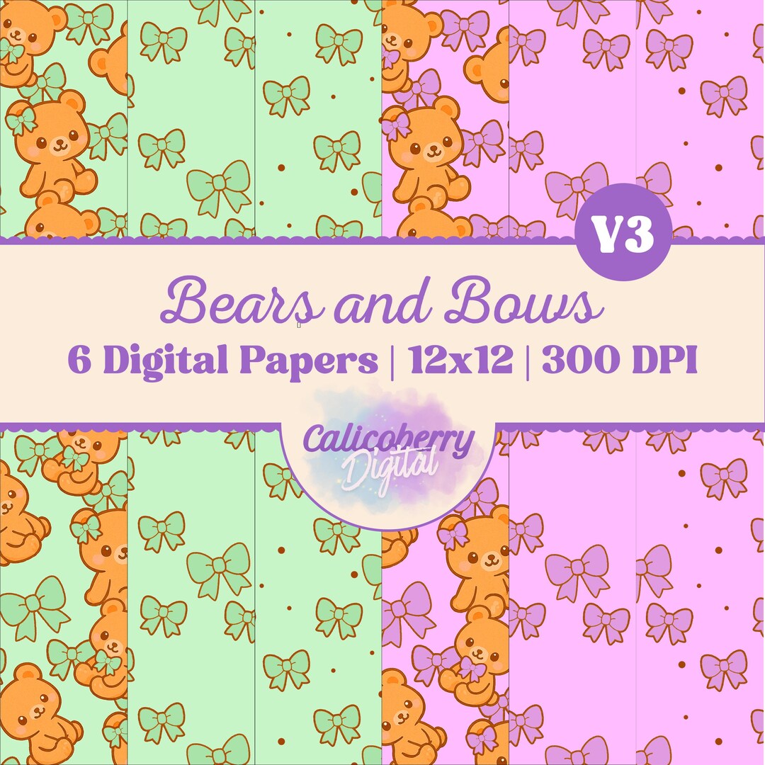 Bears and Bows BRIGHT Digital Paper Pack V3: 6 Scrapbook Pngs (12x12 ...
