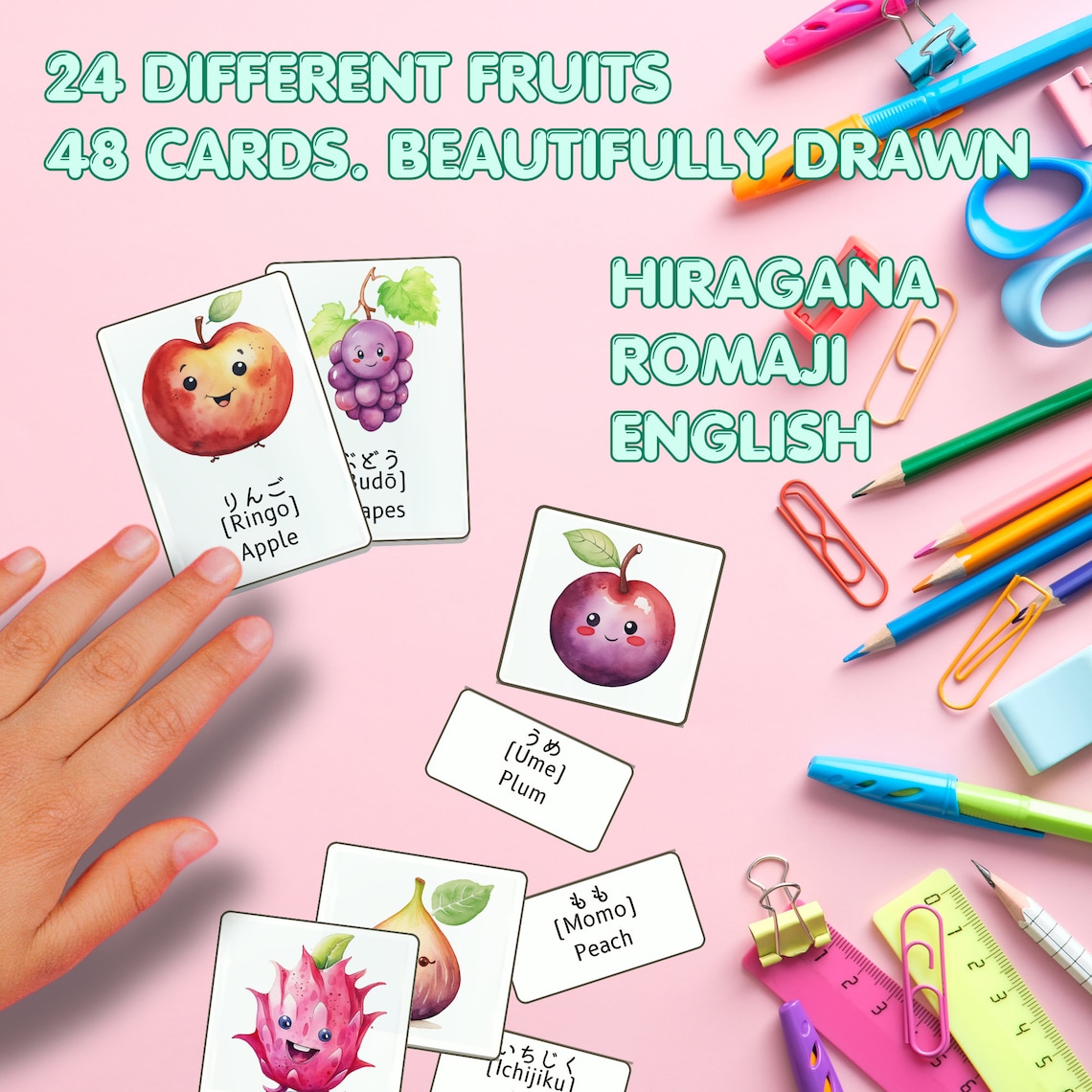Japanese English Study Kawaii Fruit Flashcards - Hiragana Flashcards ...