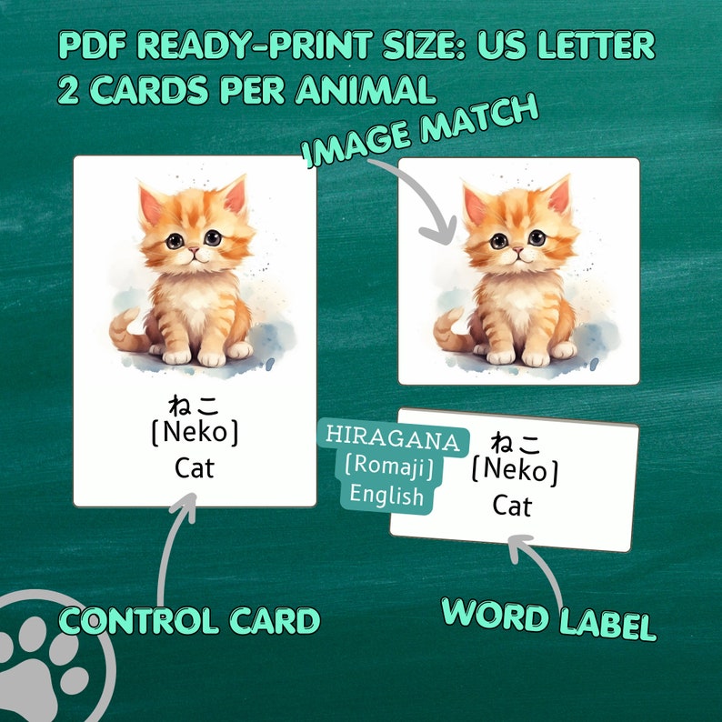 Japanese English Study Kawaii Animal Flashcards - Hiragana Flashcards ...