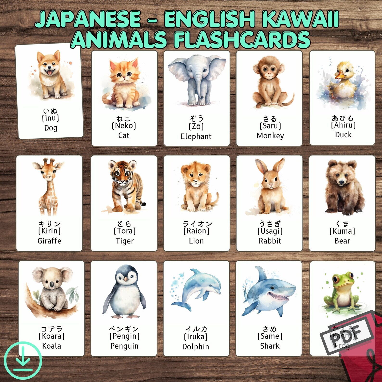 Japanese English Study Kawaii Animal Flashcards - Hiragana Flashcards ...