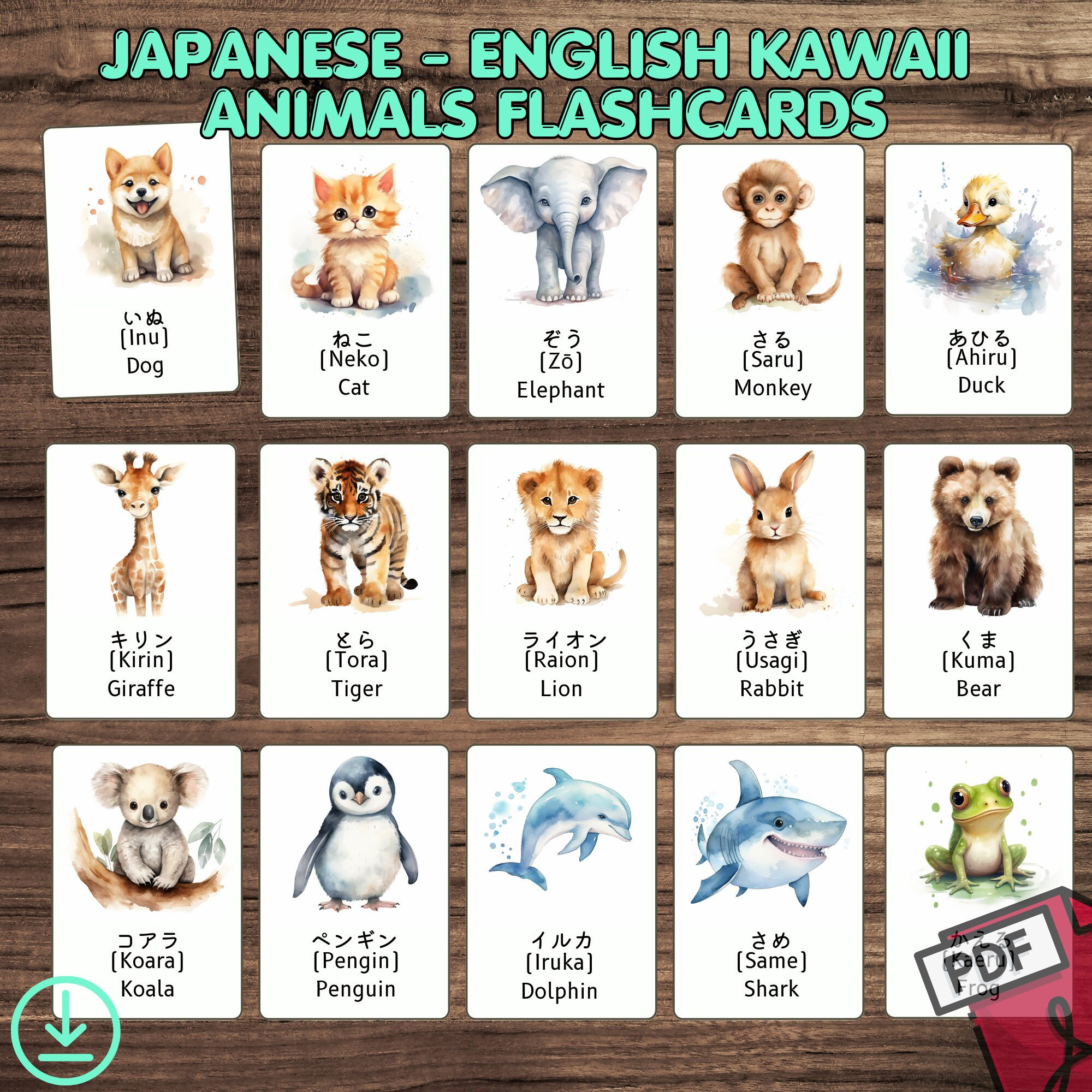 Japanese English Study Kawaii Animal Flashcards - Hiragana Flashcards ...