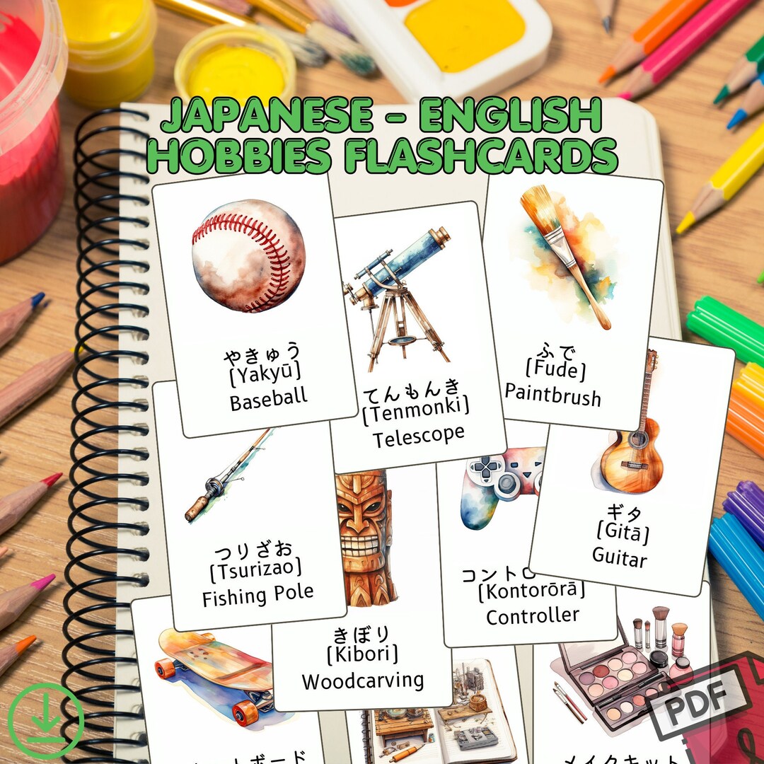 Japanese English Study Hobbies Flashcards - Hiragana Flashcards, Learn ...