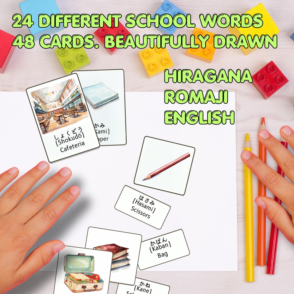 Japanese English Study School Days Theme Flashcards - Hiragana Cards ...
