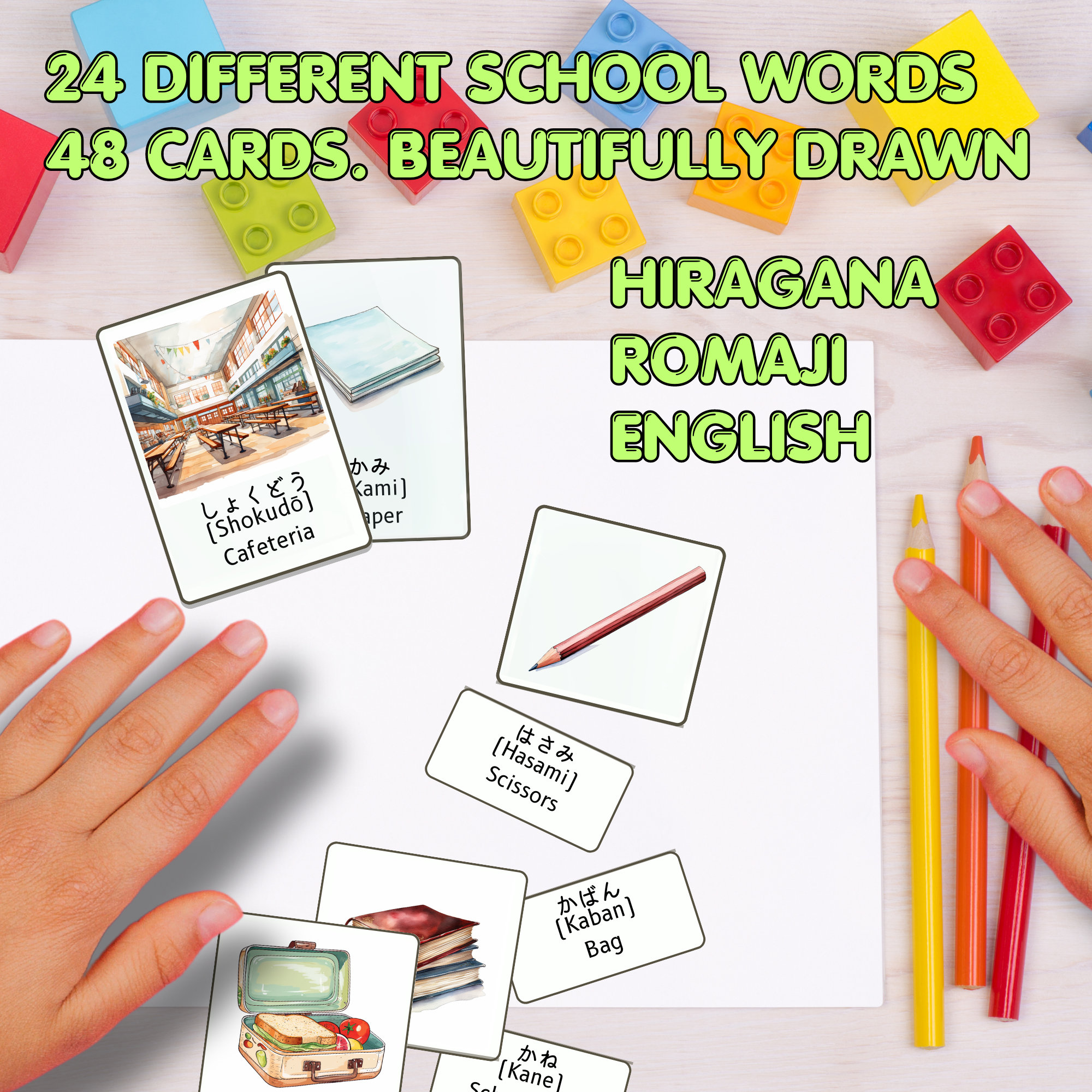 Japanese English Study School Days Theme Flashcards - Hiragana Cards ...
