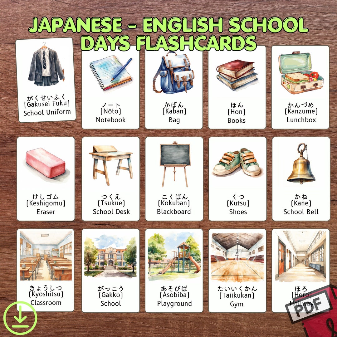 Japanese English Study School Days Theme Flashcards - Hiragana Cards ...