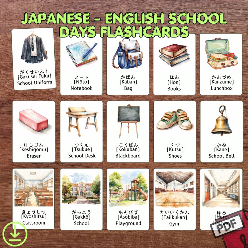 Japanese English Study School Days Theme Flashcards - Hiragana Cards ...