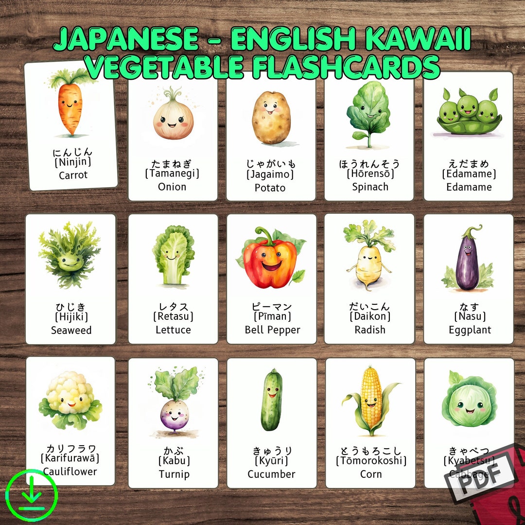 Japanese English Study Kawaii Vegetable Flashcards - Hiragana ...