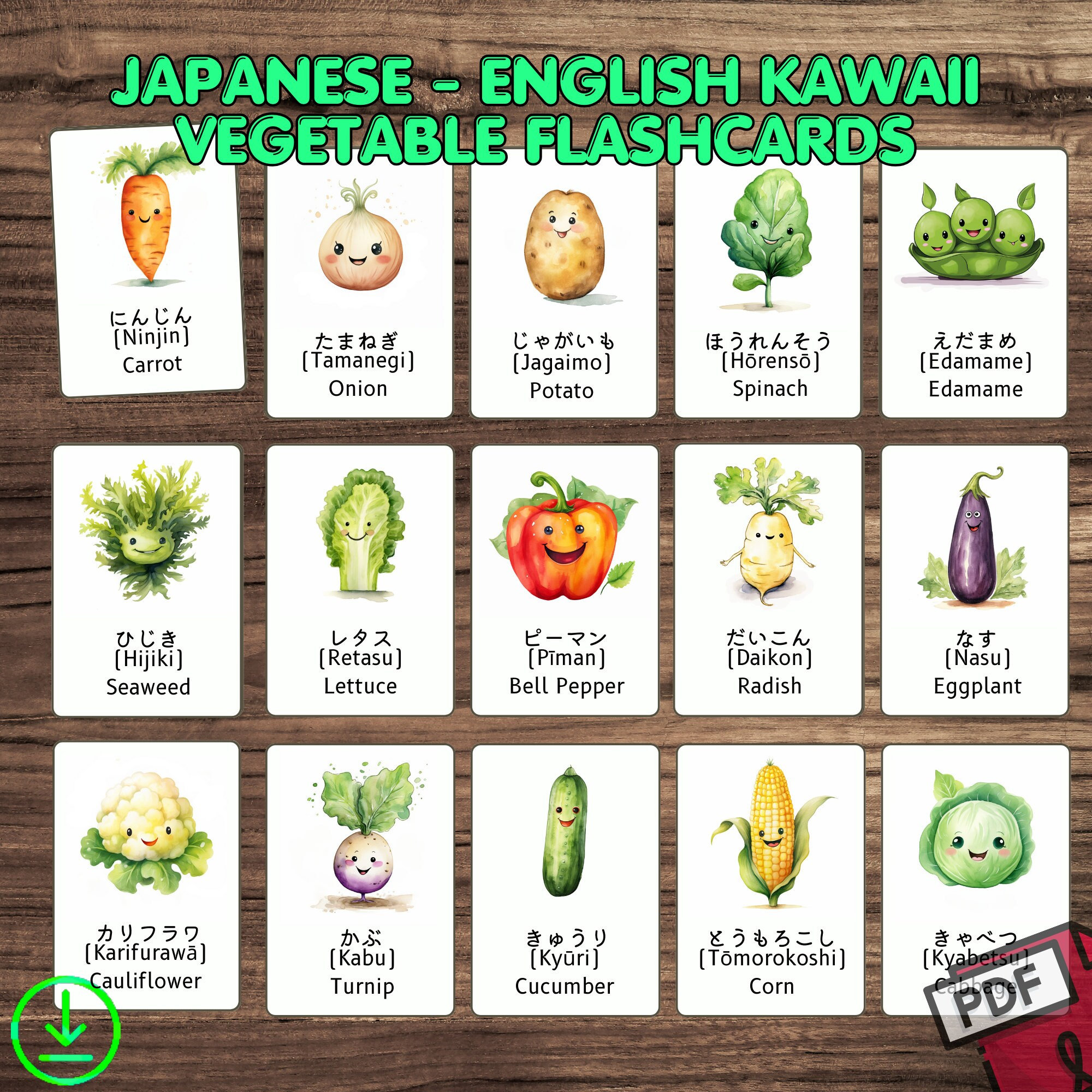 Japanese English Study Kawaii Vegetable Flashcards - Hiragana ...