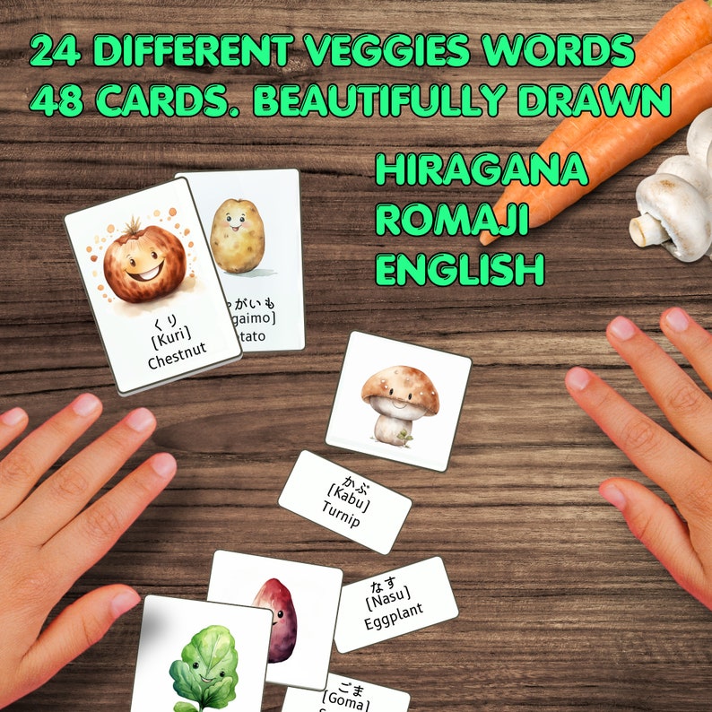 Japanese English Study Kawaii Vegetable Flashcards - Hiragana ...