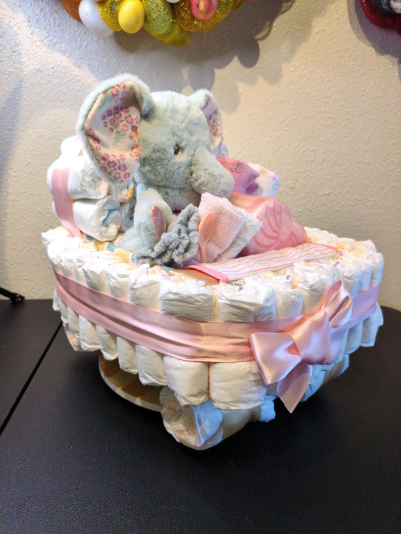 Pink Bassinet Diaper Cake With Elephant & Baby Girl Accessories, Baby ...