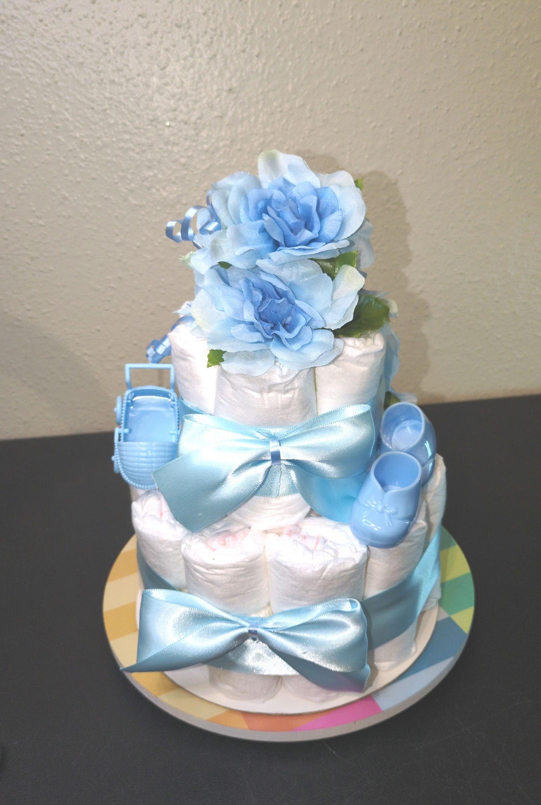 Small Diaper Cake,soft Blue Baby Shower Center Piece,boy Baby Gift - Etsy