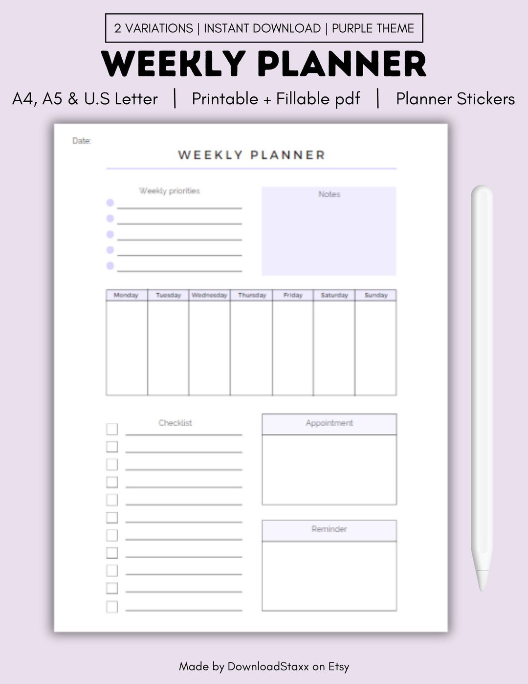 Purple Weekly Planner Printable to Do List Minimalist Weekly - Etsy