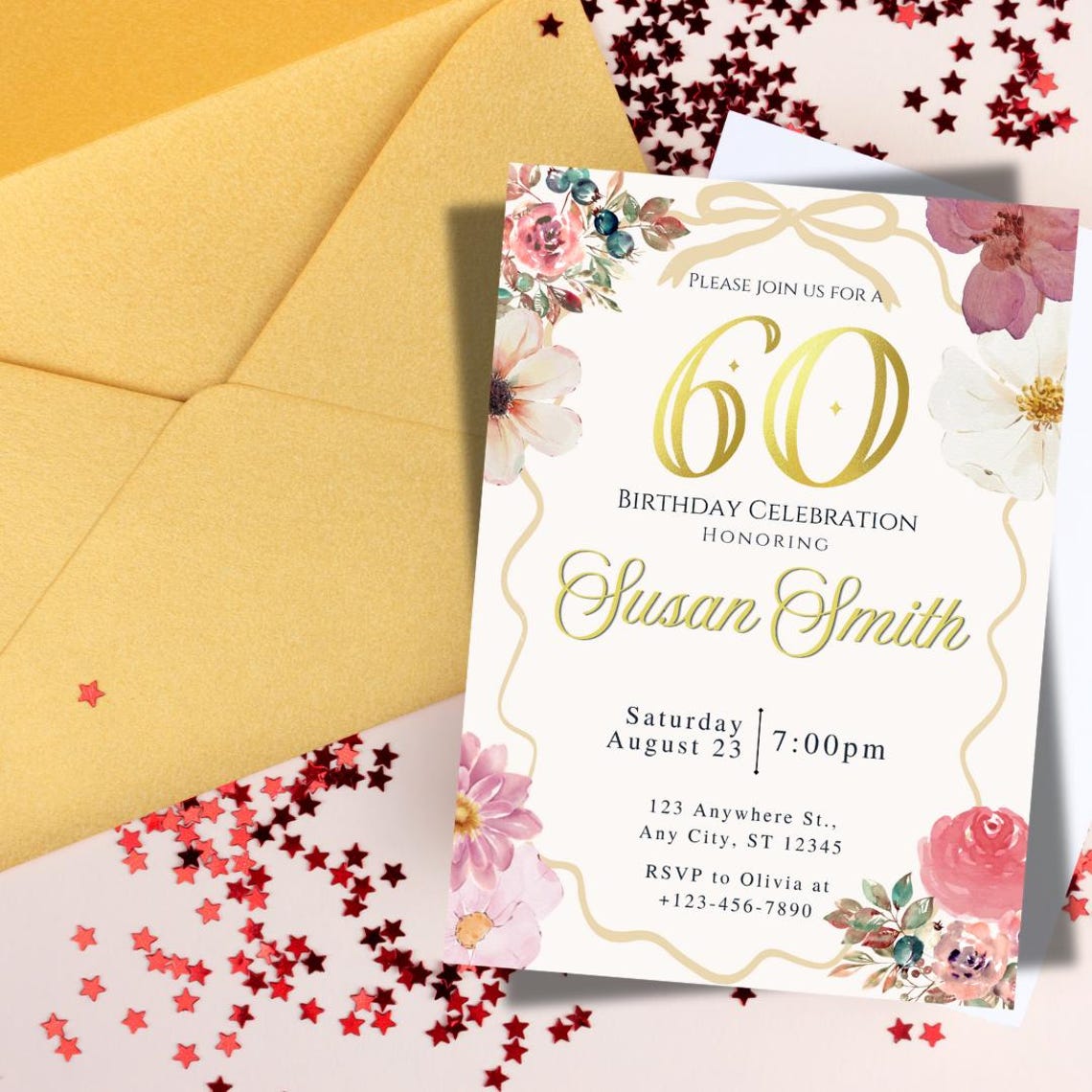 Editable 60th Birthday Invite for Women - Pink and Gold Floral Party ...