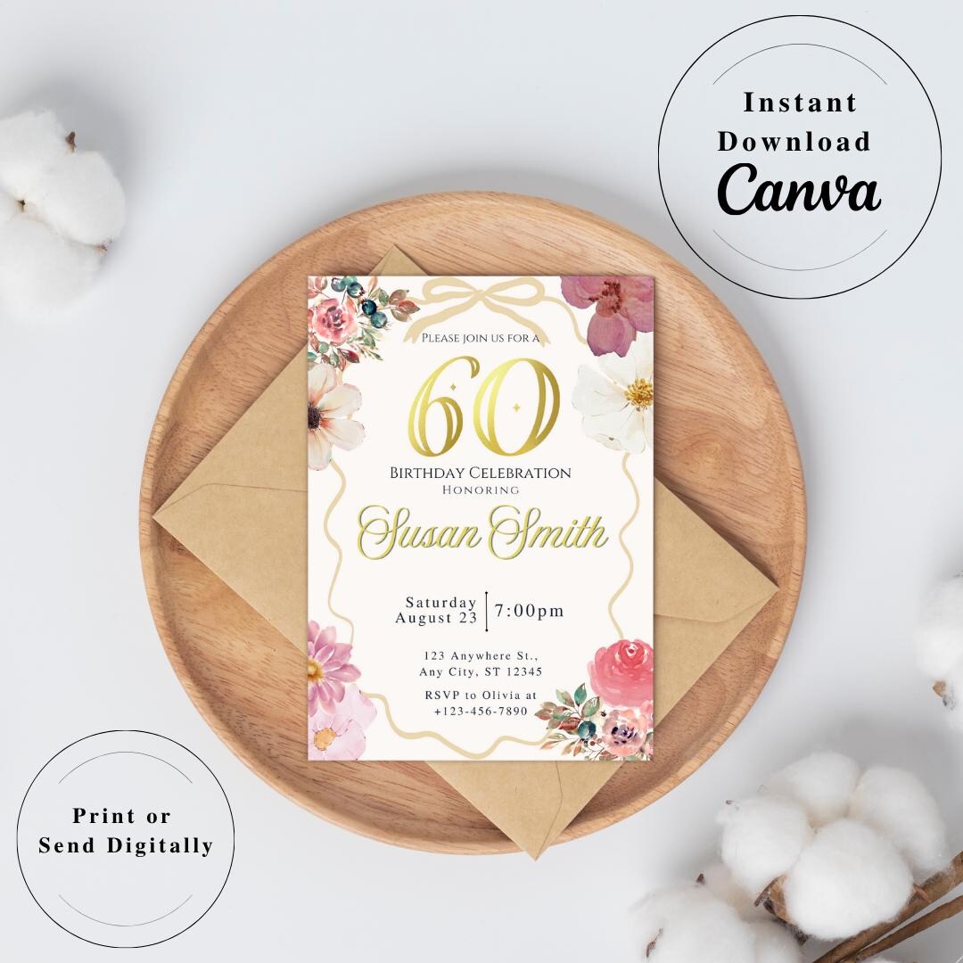 Editable 60th Birthday Invite for Women - Pink and Gold Floral Party ...