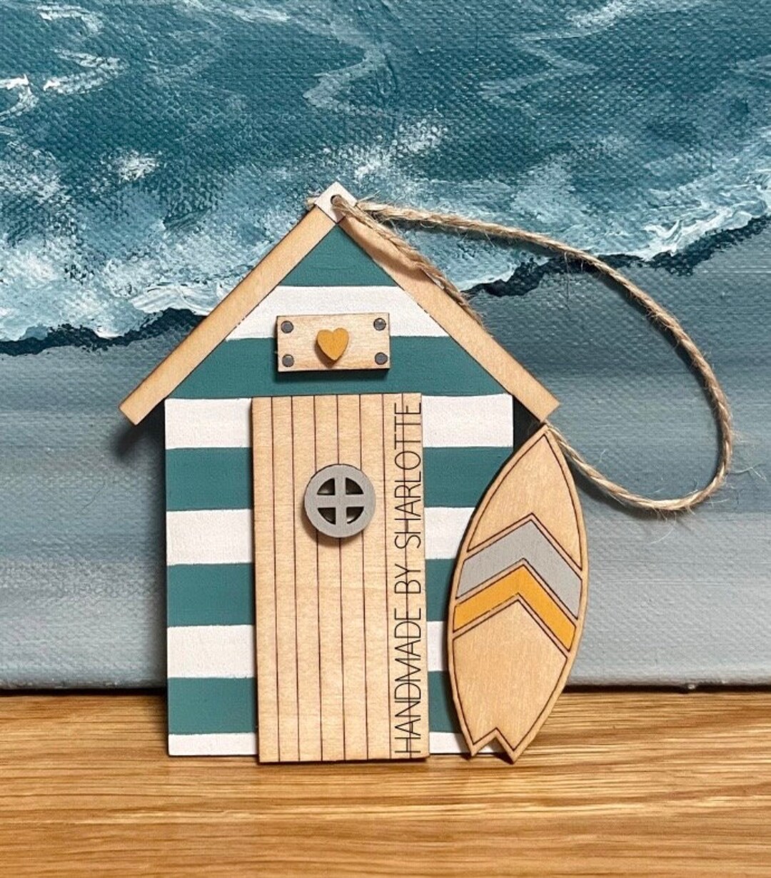 Hanging Beach Hut Wooden Ornament With Surfboard, Nautical Coastal ...