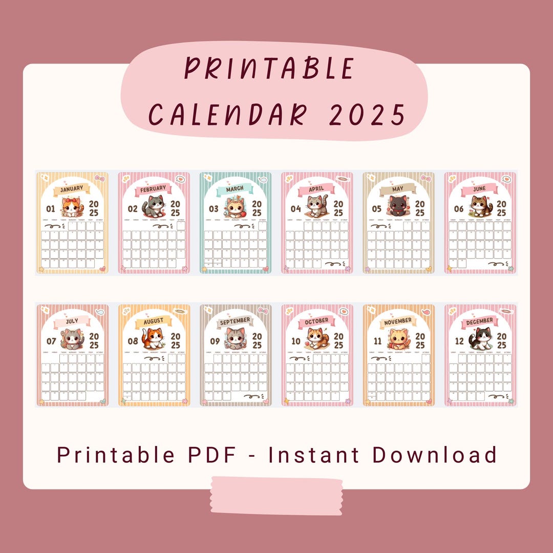 Printable Colorful Cute Kawaii Cat 2025 Calendar, Cute Cat Desk ...