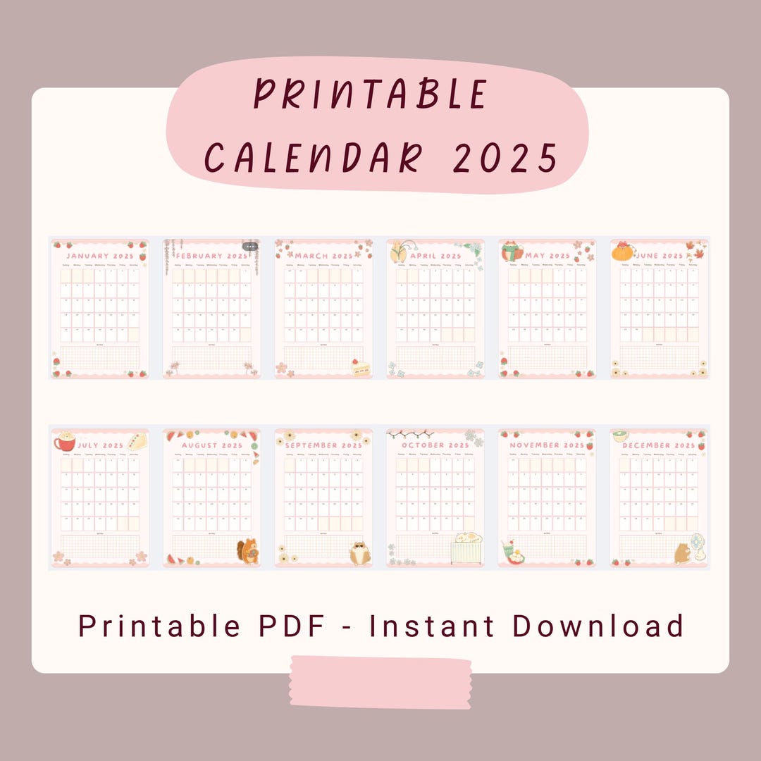 Printable Cute Kawaii Pink Calendar 2025, Cute Desk Calendar 2025, Cute ...