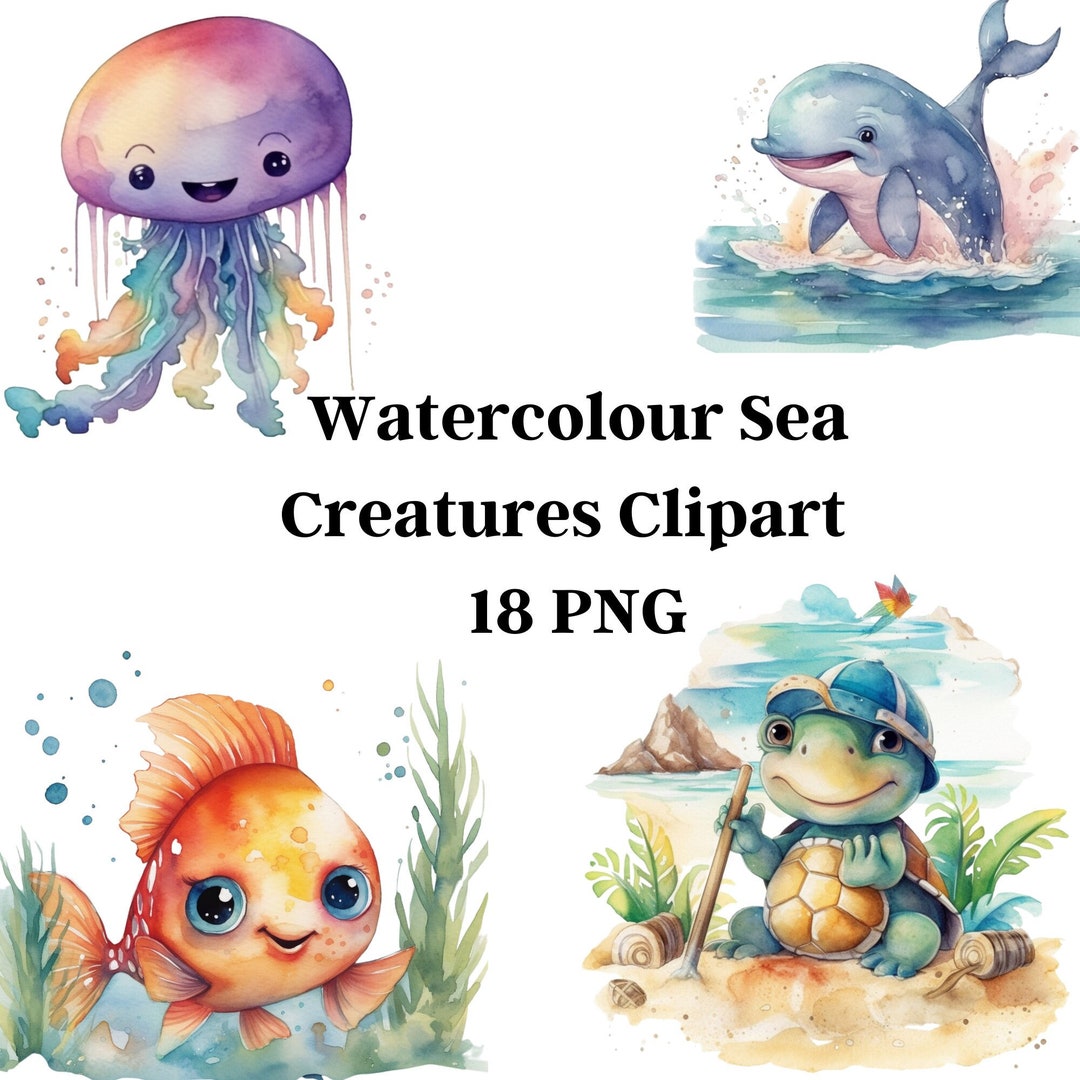 Watercolor Sea Animal Clipart Cute Ocean Animals Undersea - Etsy