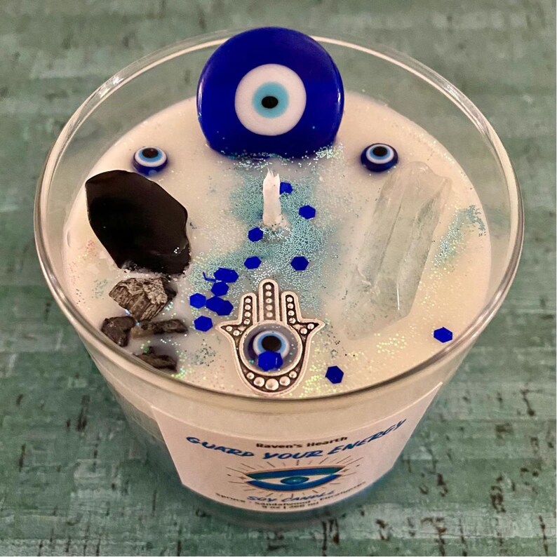 Crystal Infused Evil Eye Protection Candle Guard Your Energy Energy ...