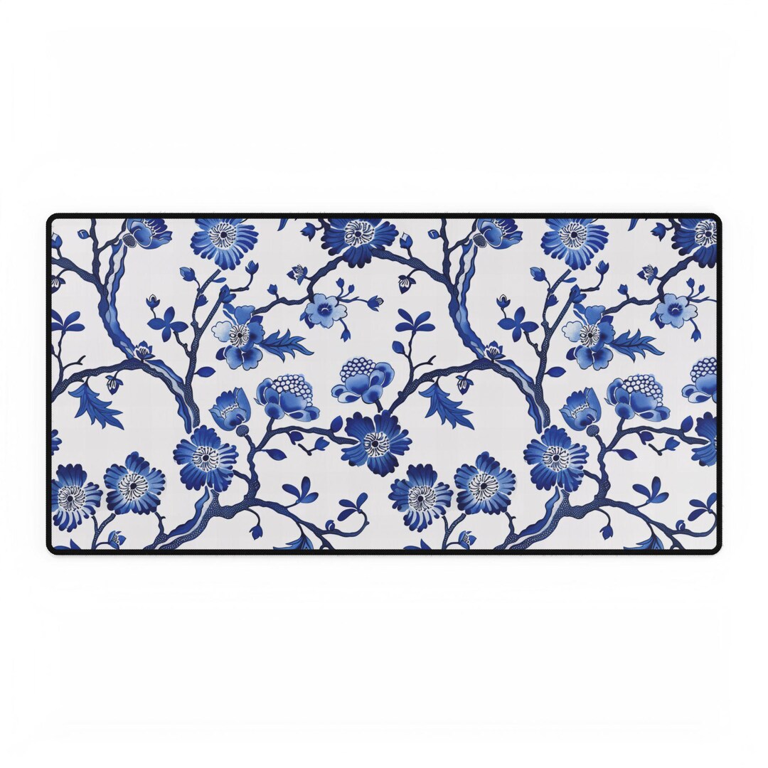 Blue Floral Toile Desk Mat, Cottagecore Aesthetic, Workspace Decor ...