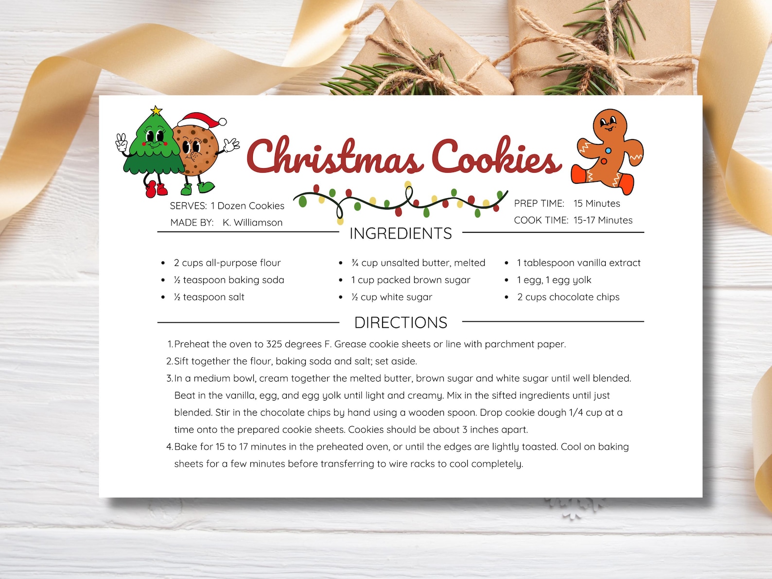 Retro Christmas Recipe Card Template 6"x4", Editable in Canva, Digital ...