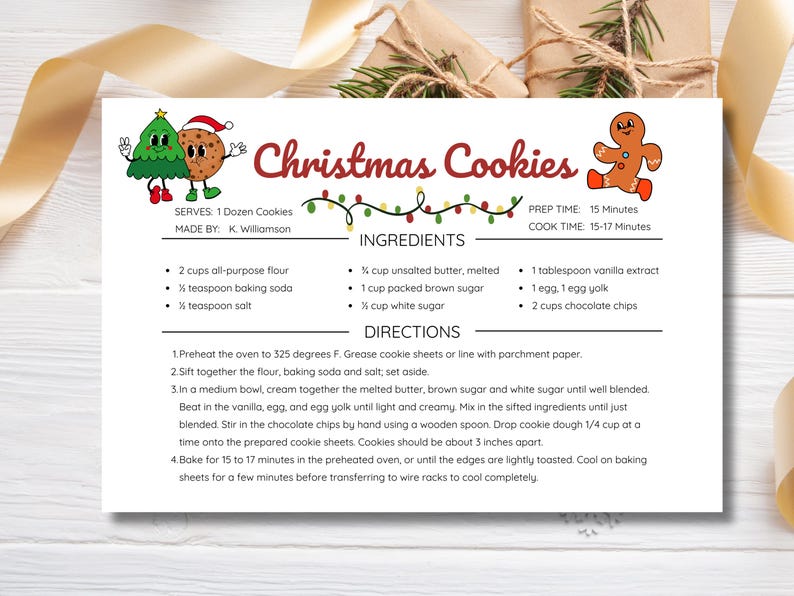 Retro Christmas Recipe Card Template 6"x4", Editable in Canva, Digital ...