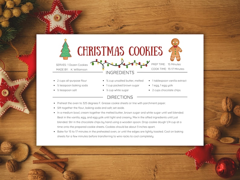 Christmas Recipe Card Template 6"x4", Editable in Canva, Digital ...