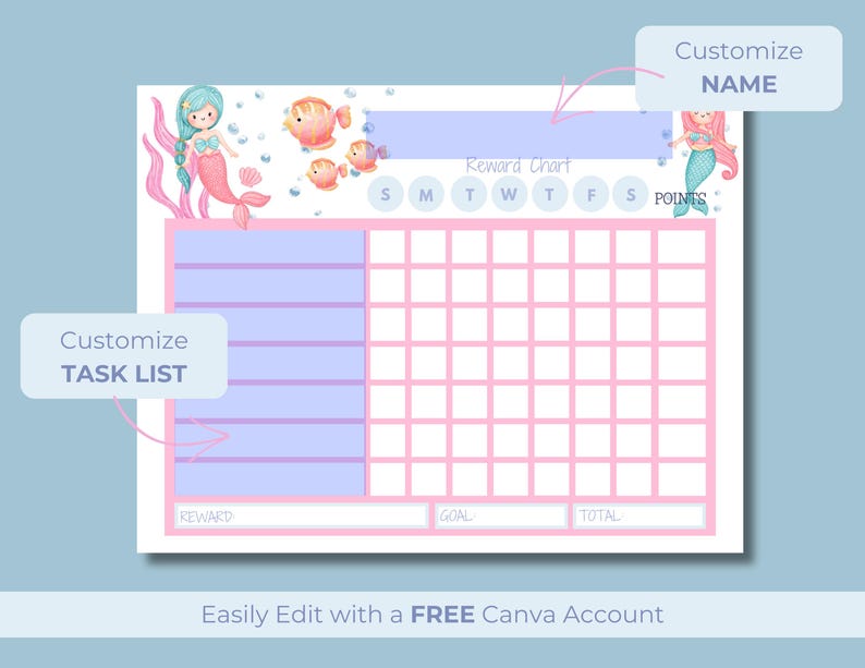 Mermaid Chore Chart for Kids Printable, Toddler Chore Chart, Digital ...