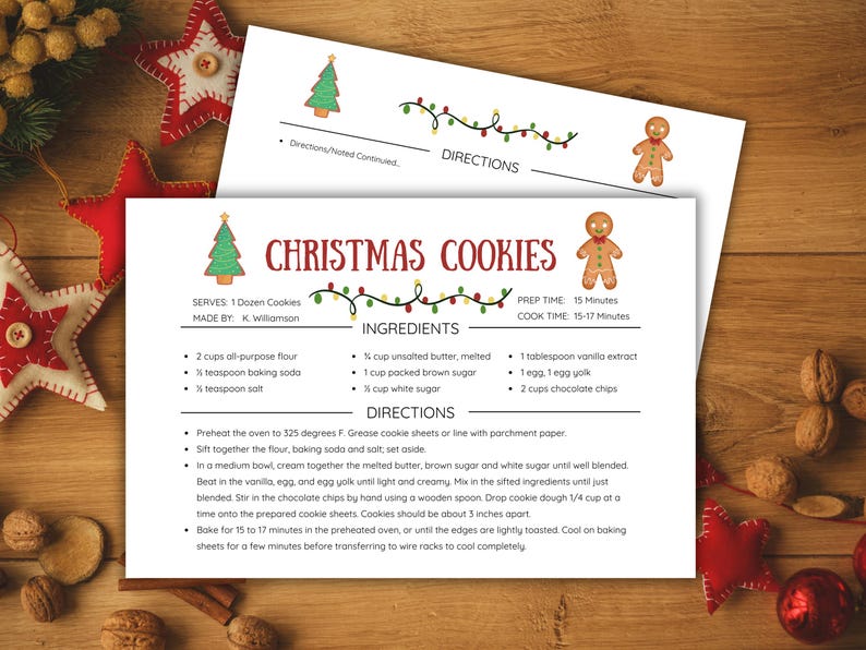 Christmas Recipe Card Template 6"x4", Editable in Canva, Digital ...