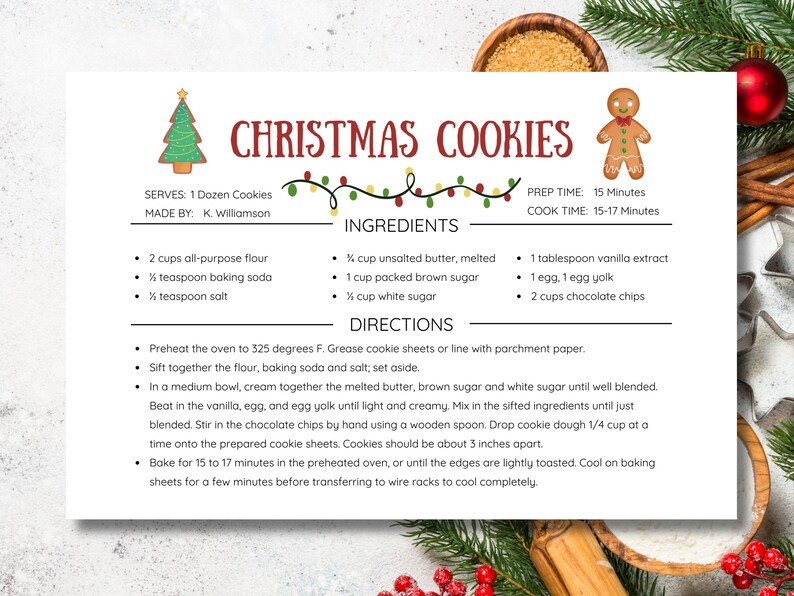 Christmas Recipe Card Template 6"x4", Editable in Canva, Digital ...