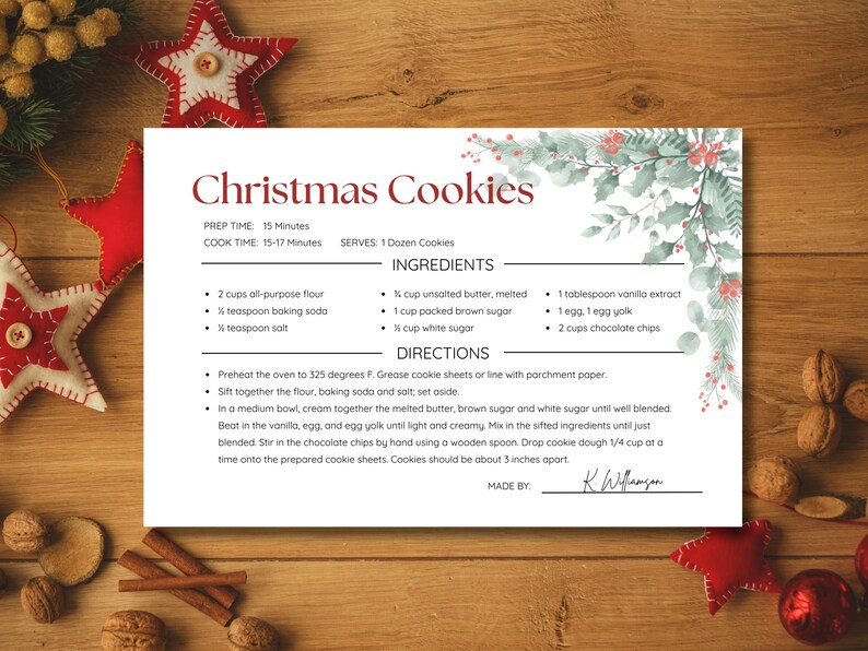 Christmas Recipe Card Template 6"x4", Editable in Canva, Digital ...