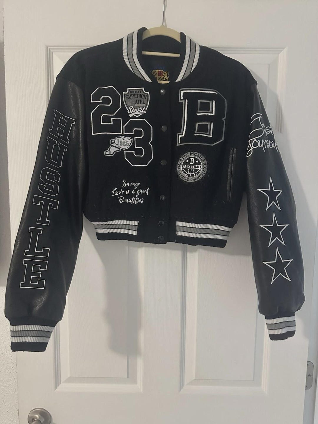 Black Women Short Varsity Jacket With Leather Sleeves & Embroidery ...