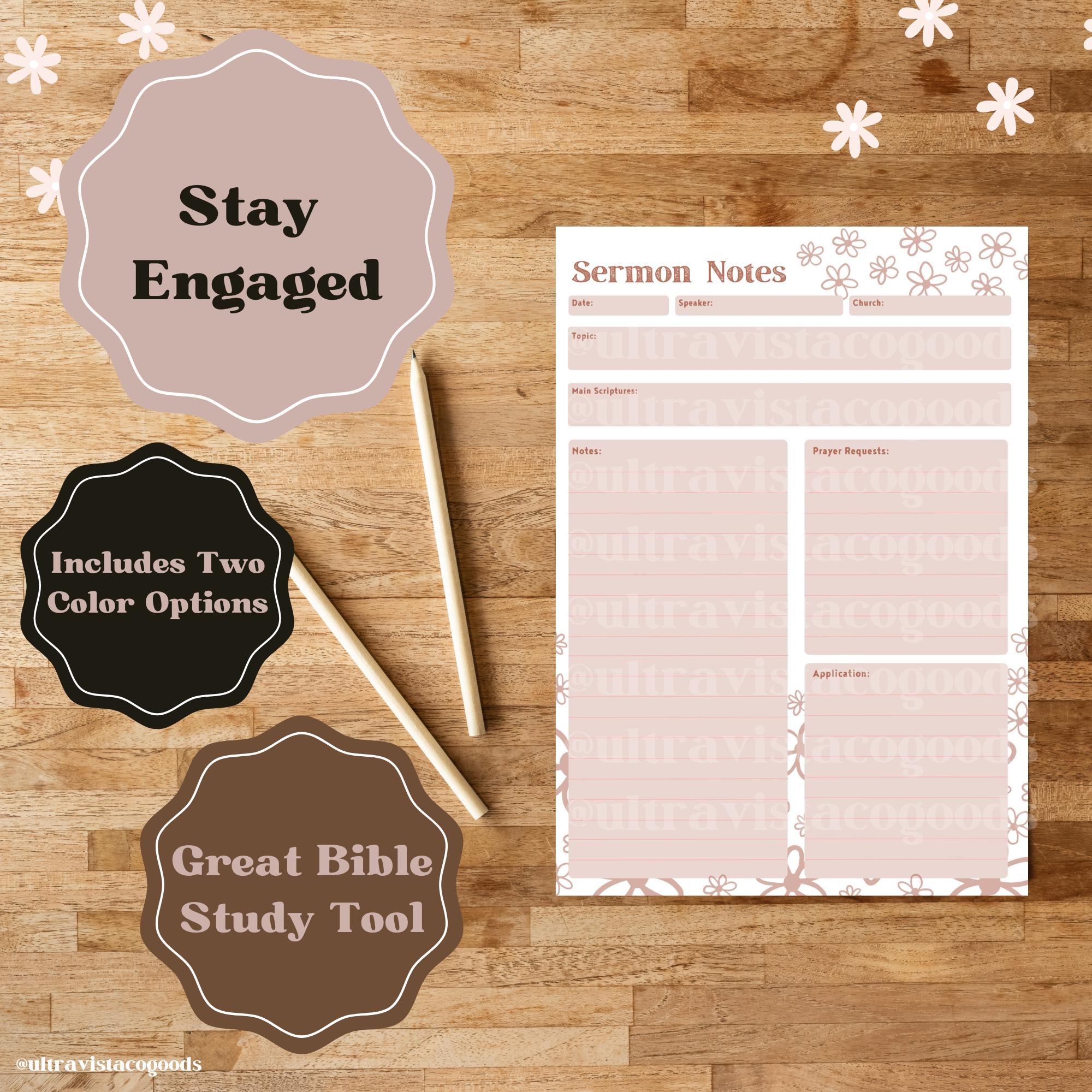 Printable Sermon Notes Church Notes Template Two Neutral Floral Designs ...