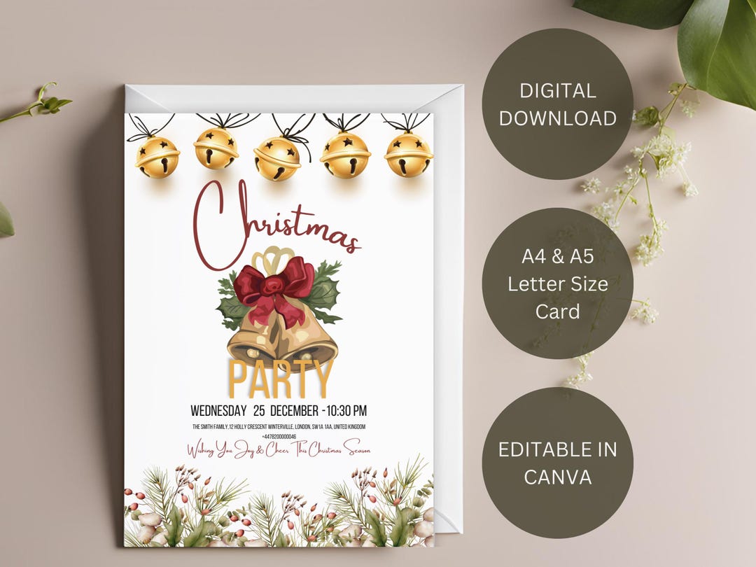 Editable Christmas Party Bell Invitation Card PDF Printable Holiday ...