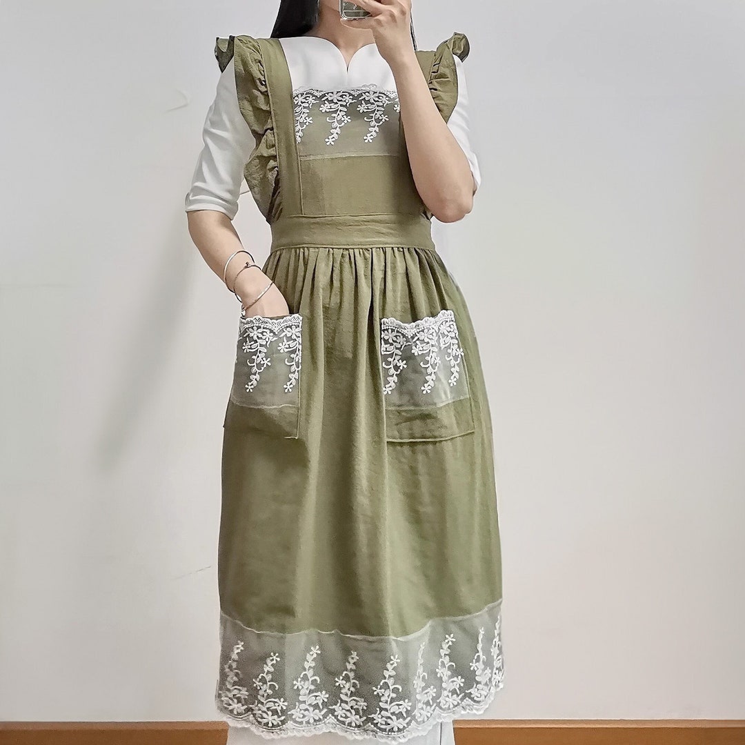 Green Lace Adjustable Apron With Pocket Coton Ruffle Apron Apron for ...
