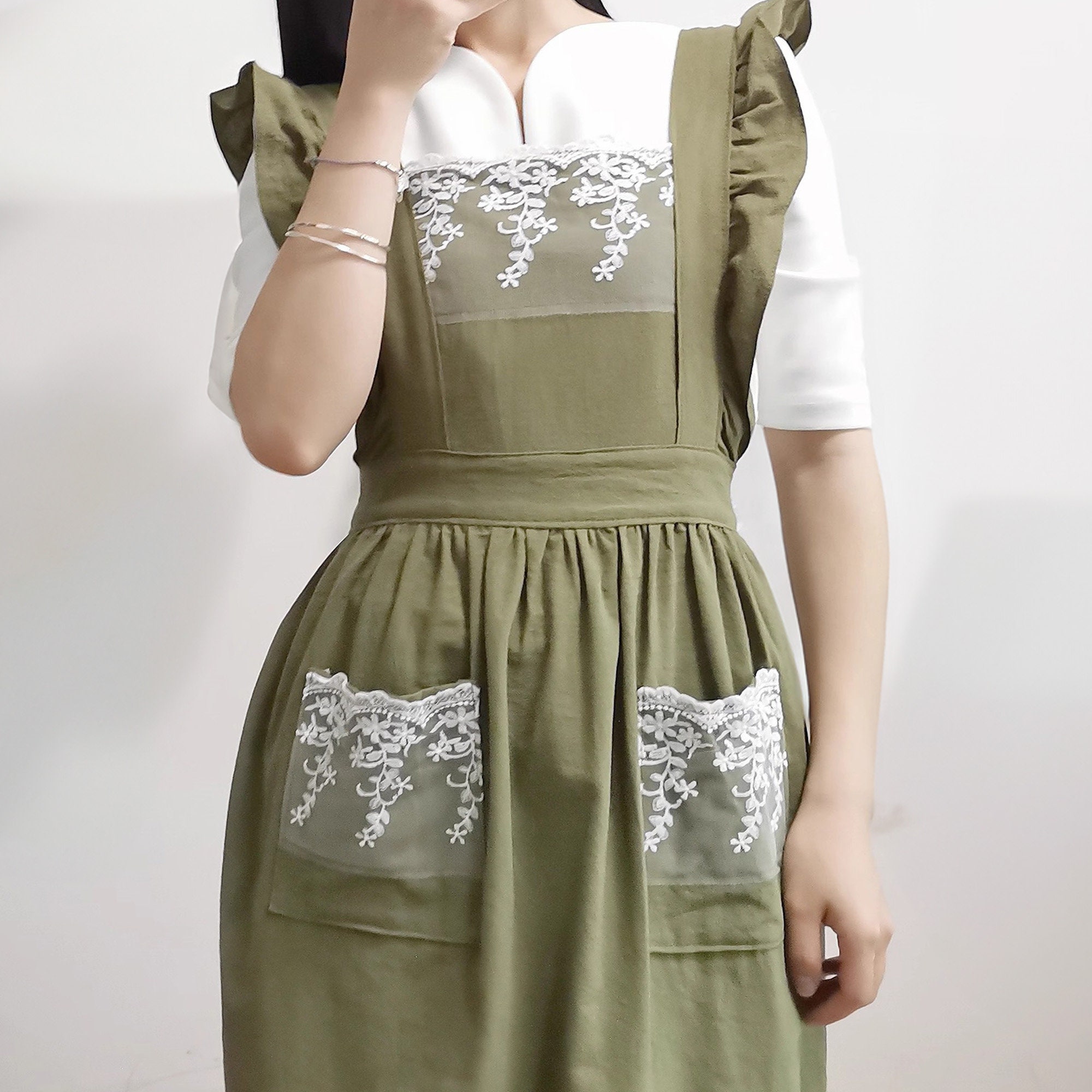 Green Lace Adjustable Apron With Pocket Coton Ruffle Apron Apron for ...