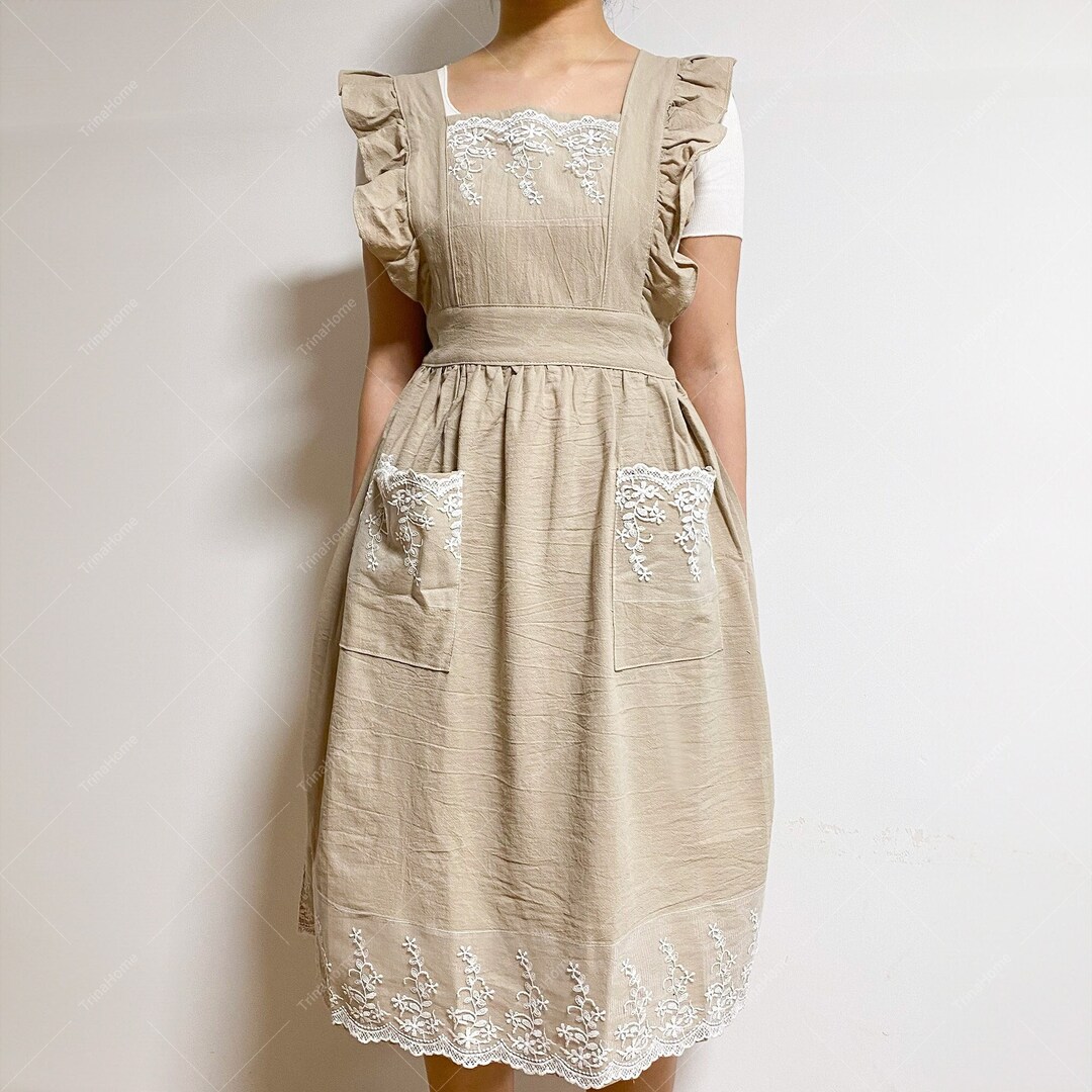 Beige Lace Adjustable Apron With Pocket Coton Ruffle Apron Apron for ...