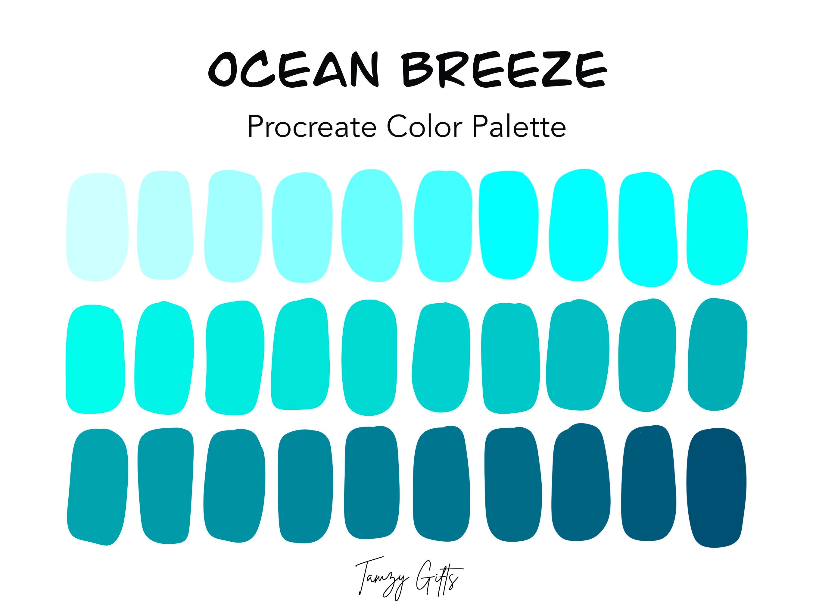 Procreate and Hex Code Color Palette - Ocean Breeze Gradient (30 Colors ...