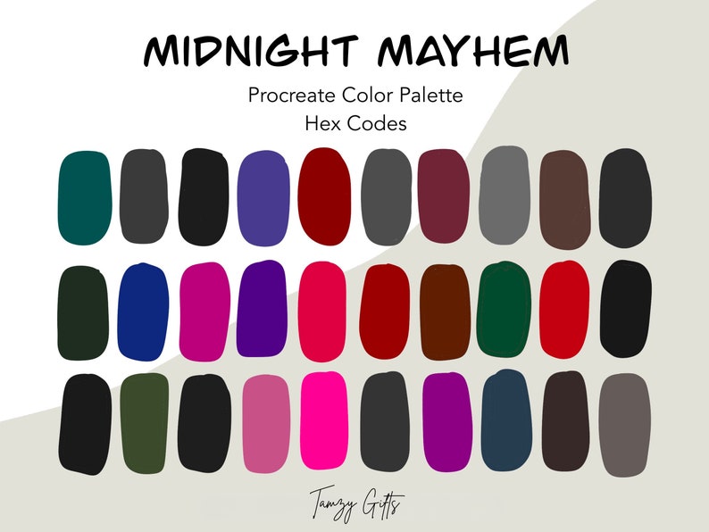 Procreate and Hex Code Color Palette - Midnight Mayhem | Procreate Tools | Dark Moody Palette ...