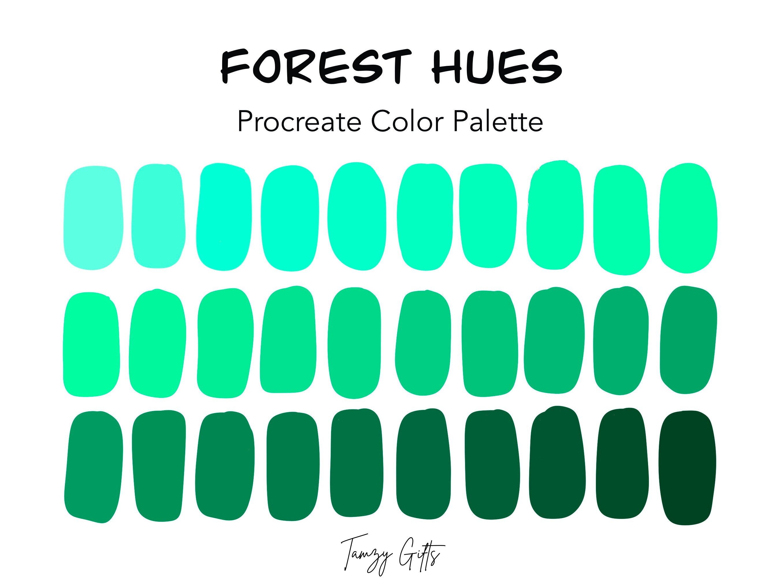 Procreate and Hex Code Color Palette - Forest Hues Gradient (30 Colors ...