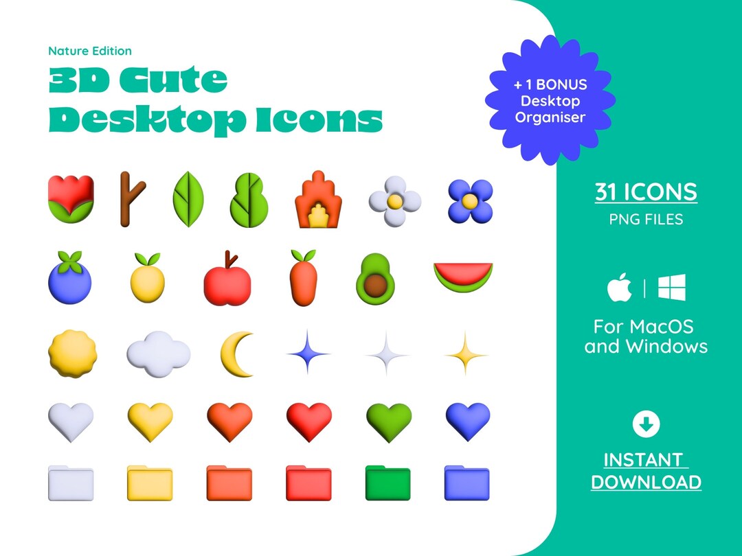 Cute 3D Desktop Icons I Windows and Mac I Desktop Organizer I Desktop ...