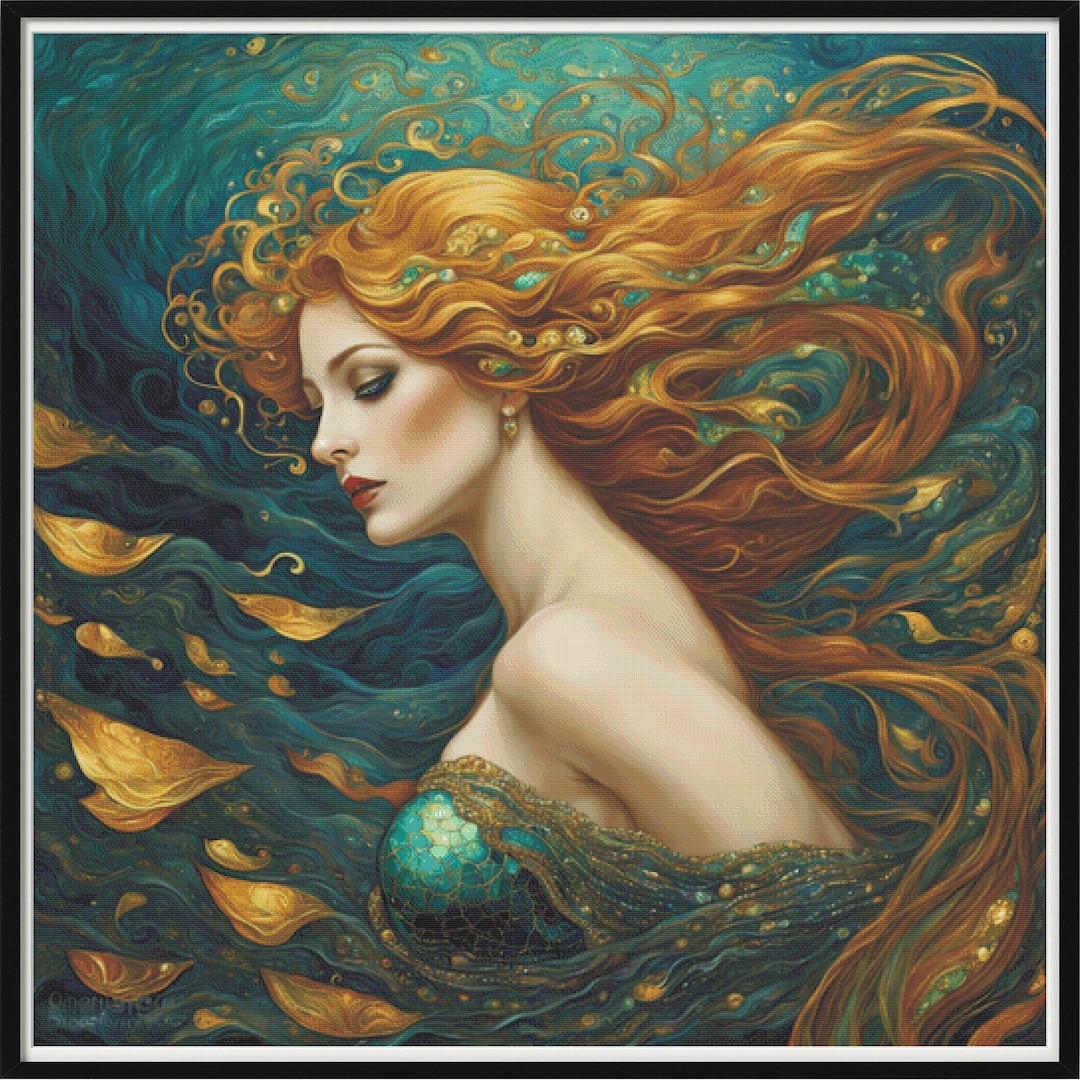 Full Coverage Counted Cross Stitch Pattern Red Head Mermaid Art Instant ...