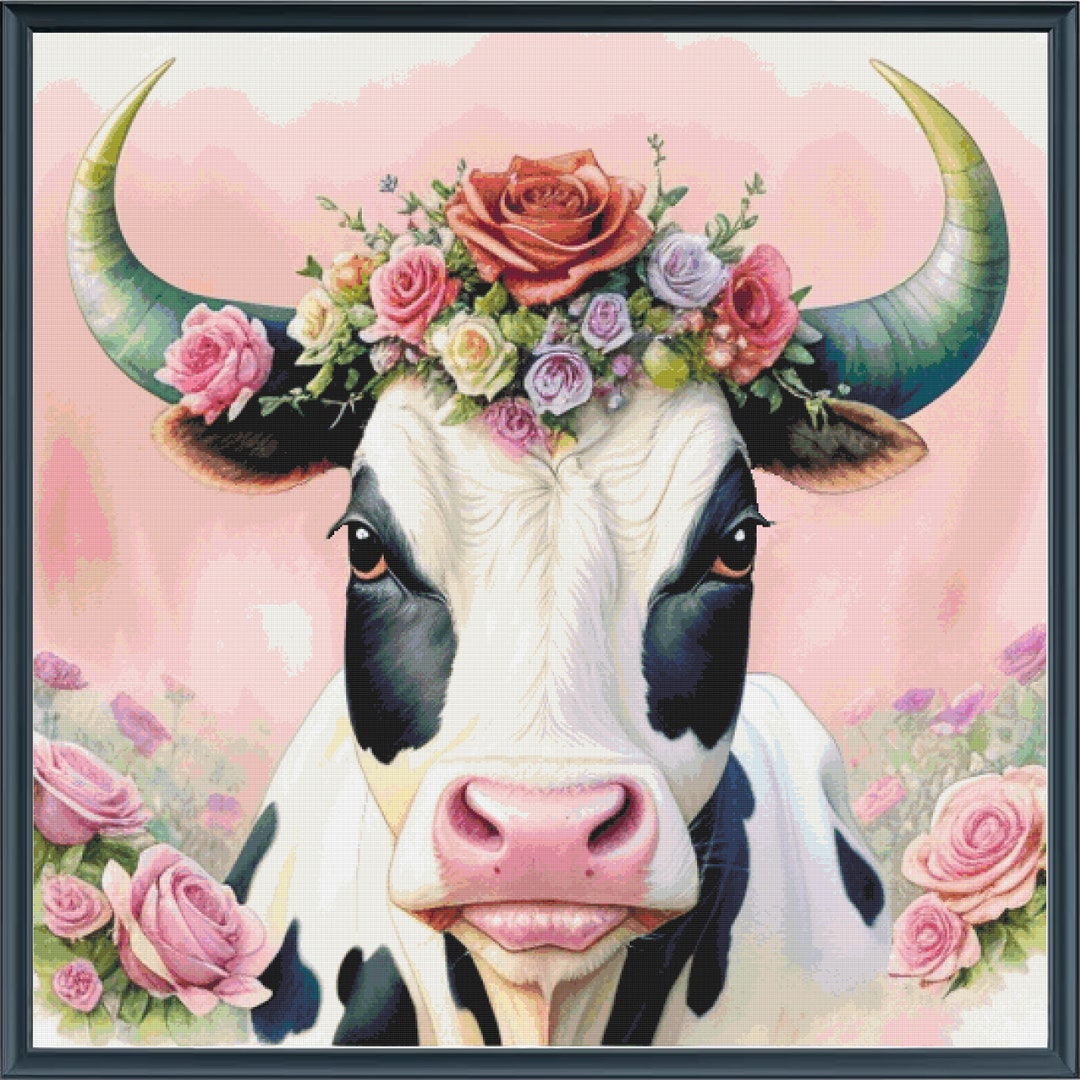 Mini Full Coverage Counted Cross Stitch Pattern Cute Cow Pink Rose ...