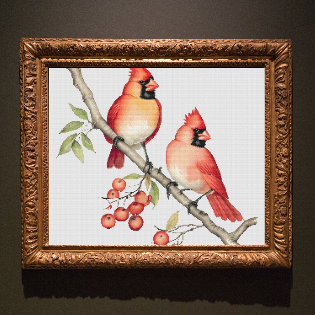 Red Cardinals Bird on a Branch Counted Cross Stitch Pattern /instant ...