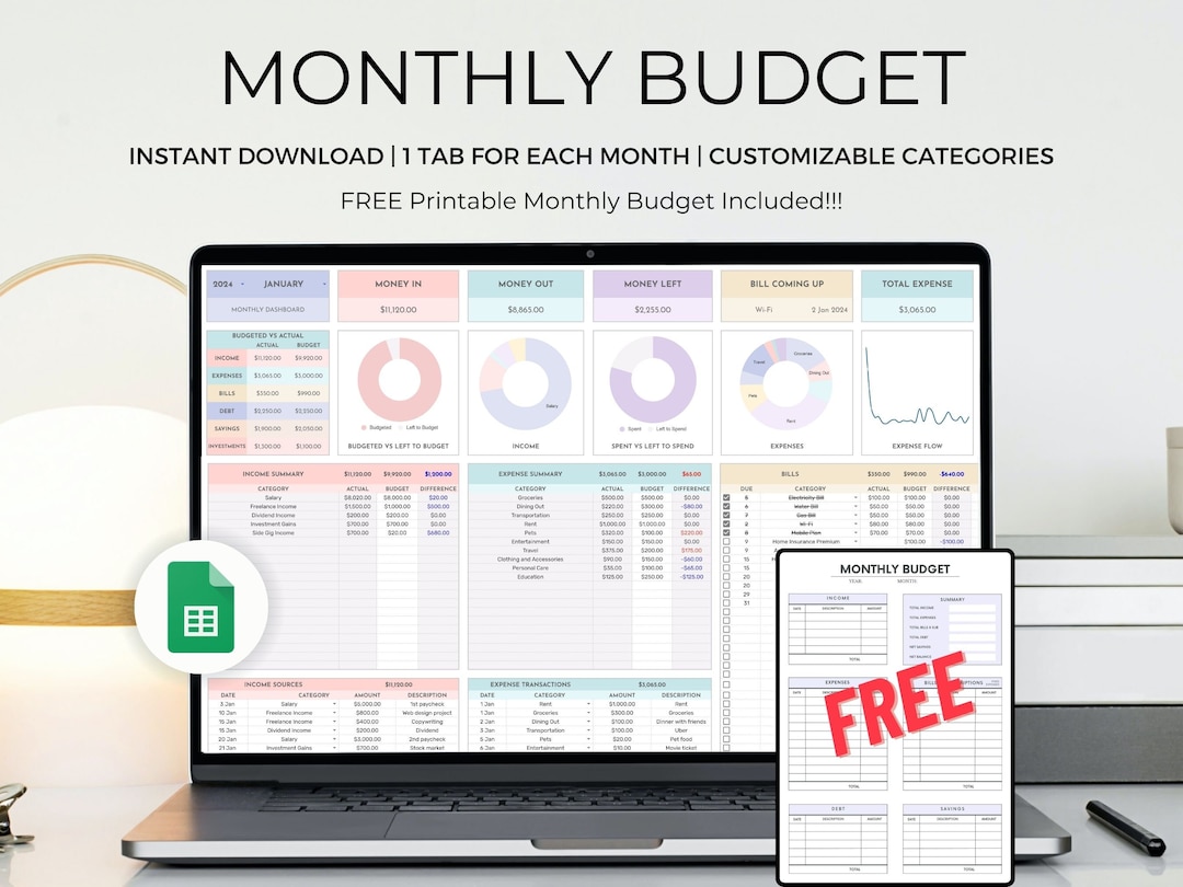 Monthly Budget Spreadsheet for Google Sheets to Track Bills, Savings ...
