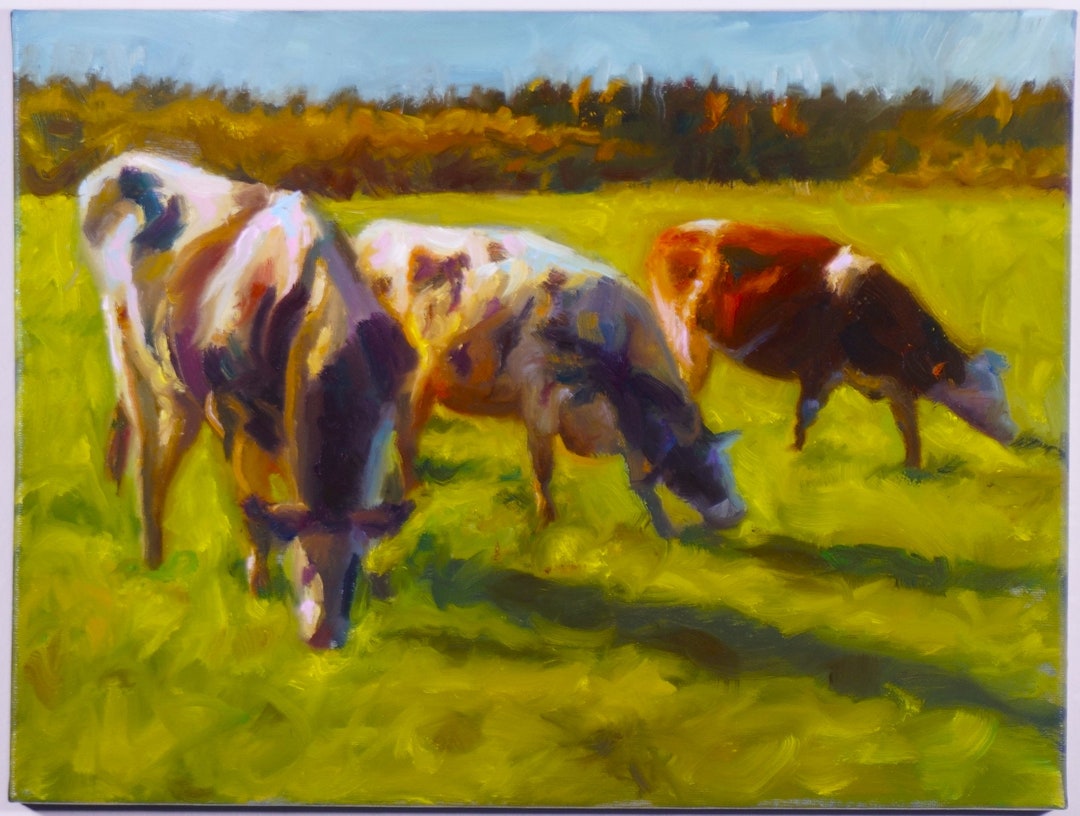 Original Oil Painting of Evil Cows Grazing, 12in X 16in on Stretched ...