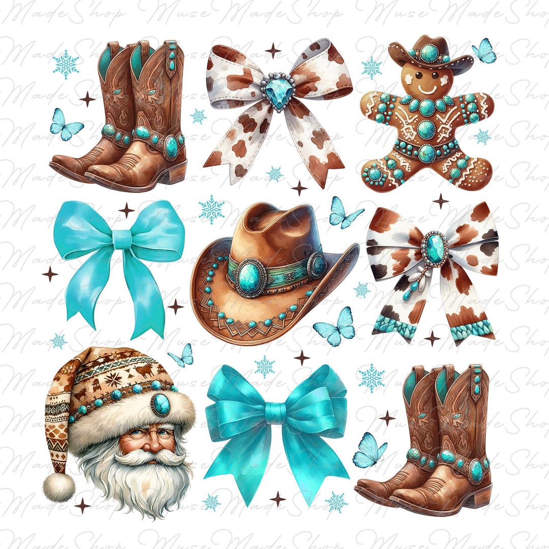 Coquette Western Christmas Png, Western Turquoise Gemstone Cow Bows ...