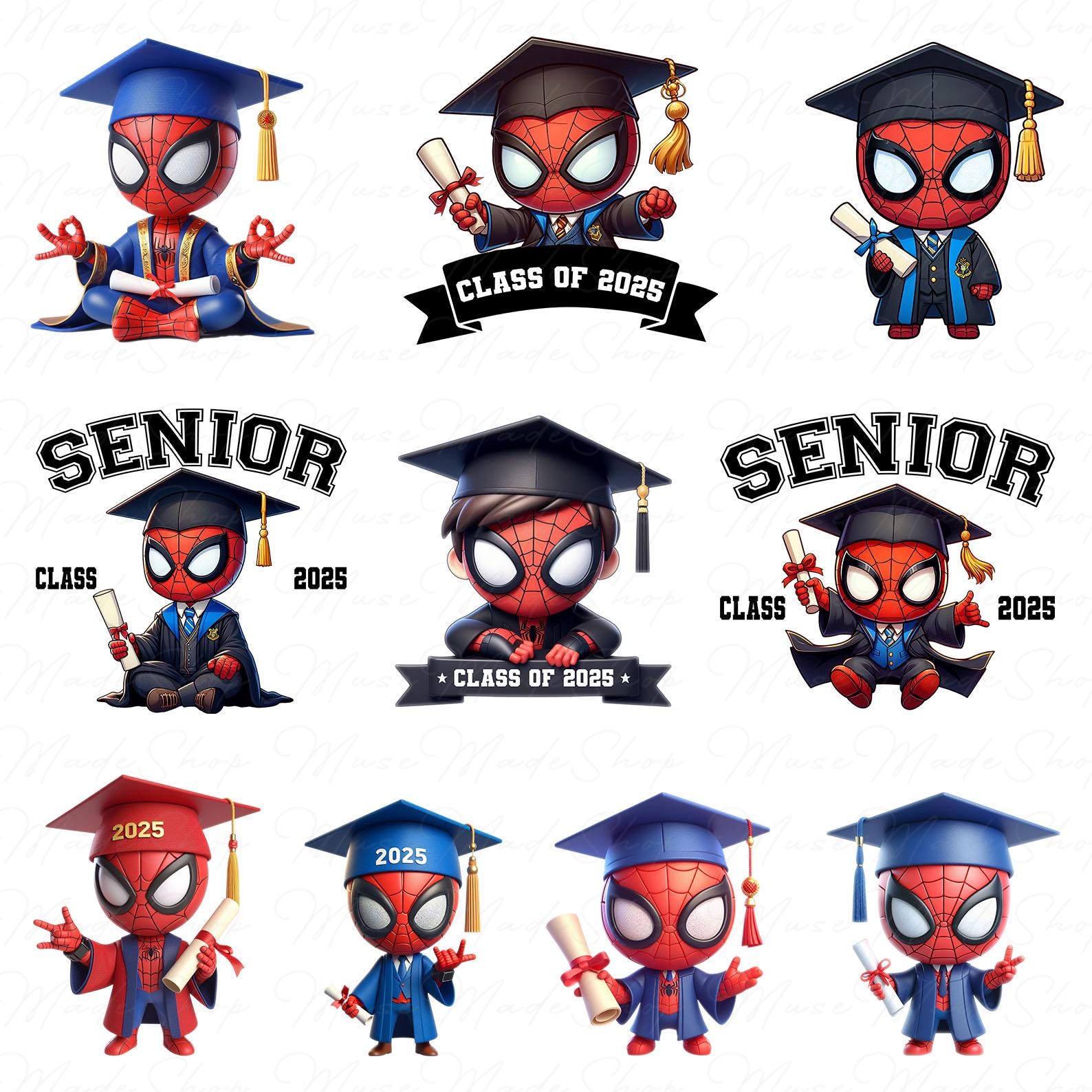 Hero Characters Graduation 2025 Png Bundle, Cute Cartoon Graduation Cap ...