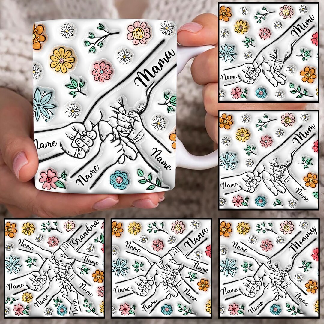 Custom up to 6 Kids Holding Mom‘s Hand 3D Inflated Mug Wrap, Mama 11oz ...
