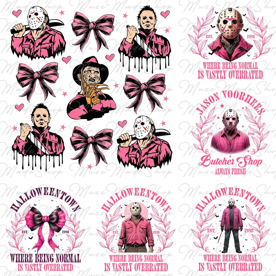 Pack 6 Pink Halloween Png, Horror Halloween Png, Pink Horror Characters ...